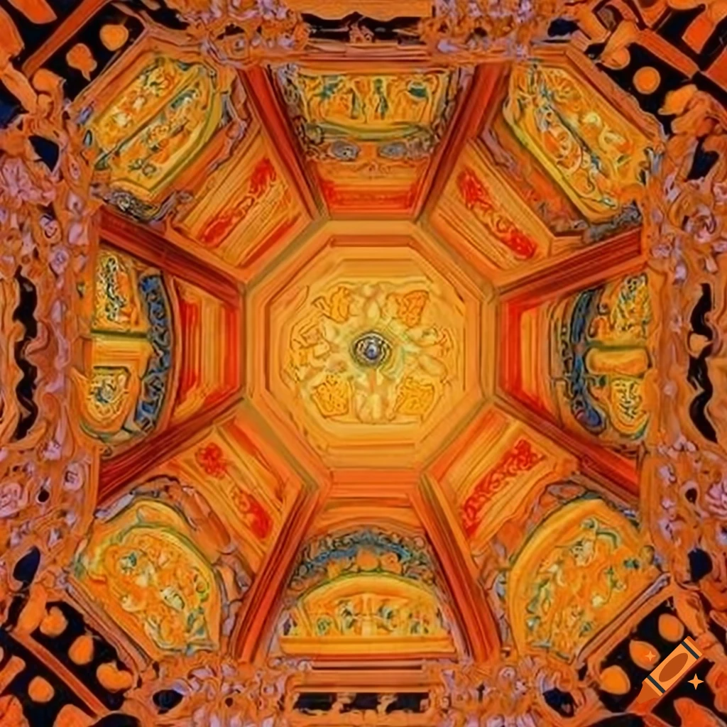 Orange and yellow church ceiling pattern mixed with chinese mural on ...