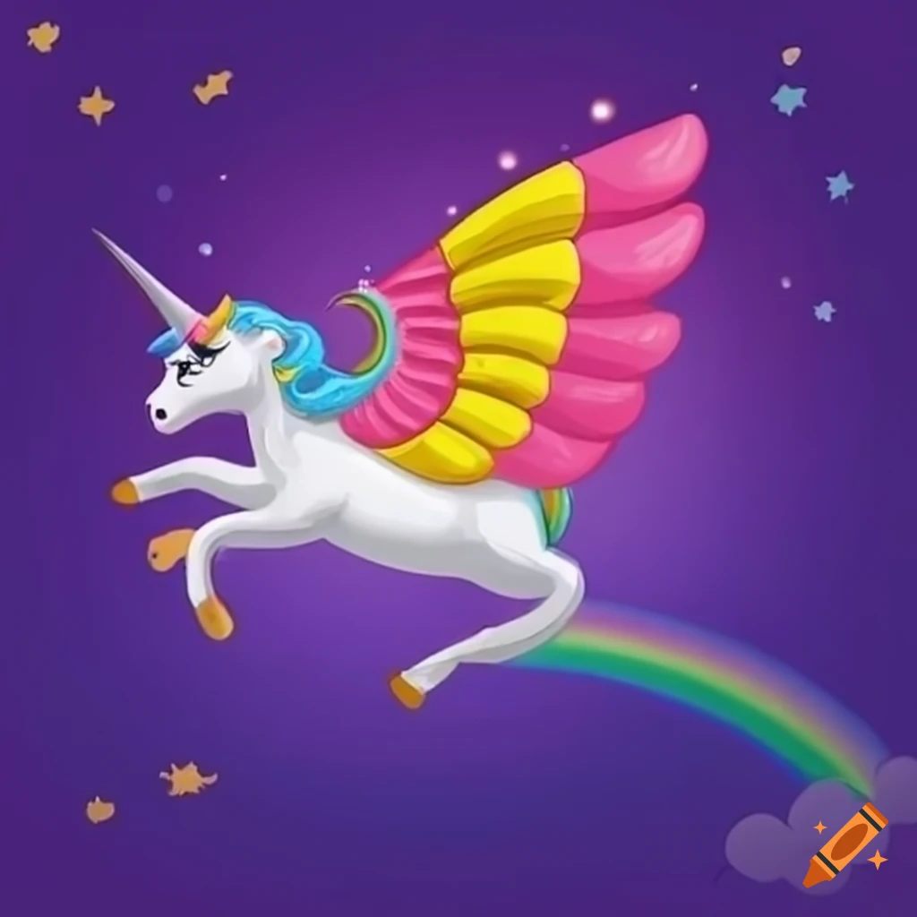 Adorable flying unicorn over a rainbow on Craiyon