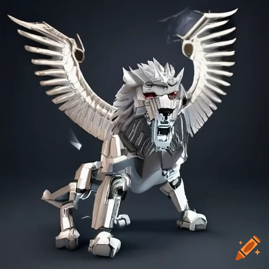Silver manticore lion with spread wings zord robot on Craiyon