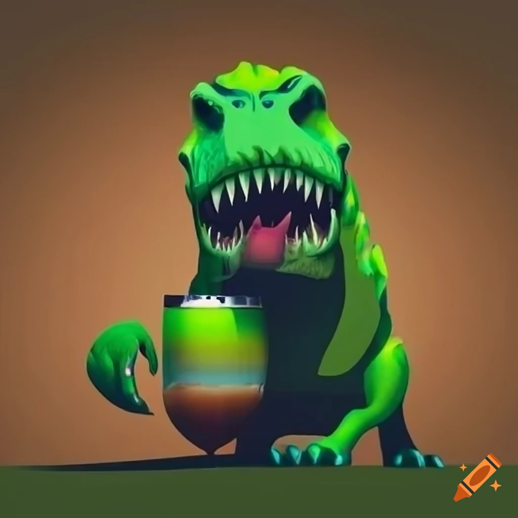 Cute green t-rex with a tumbler in a forest on Craiyon