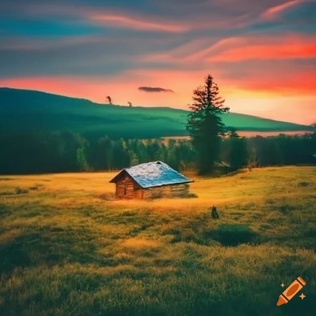 Peaceful sunset scene with rustic cottage in serene countryside landscape on Craiyon