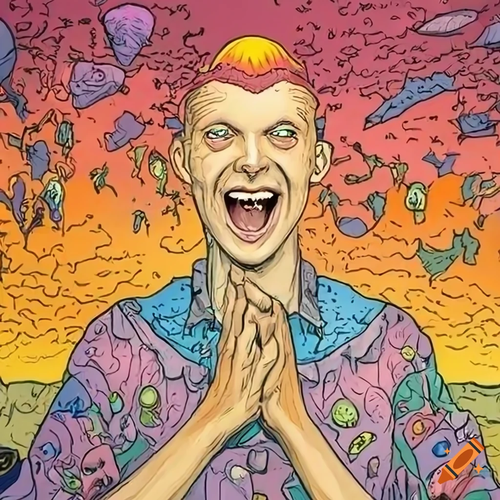 Happy guy enjoying good luck in surrealistic comic-style Moebius ...