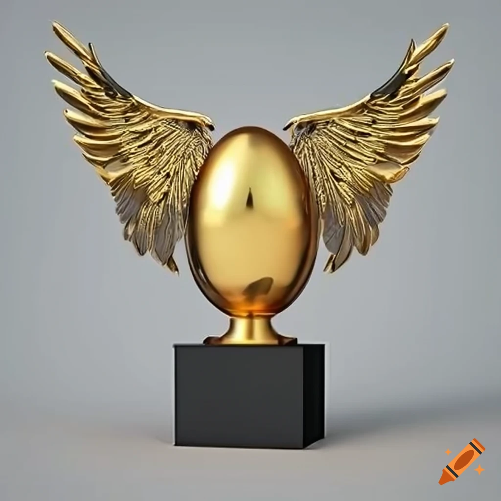 Beautifully detailed golden egg trophy award with wings and black base ...