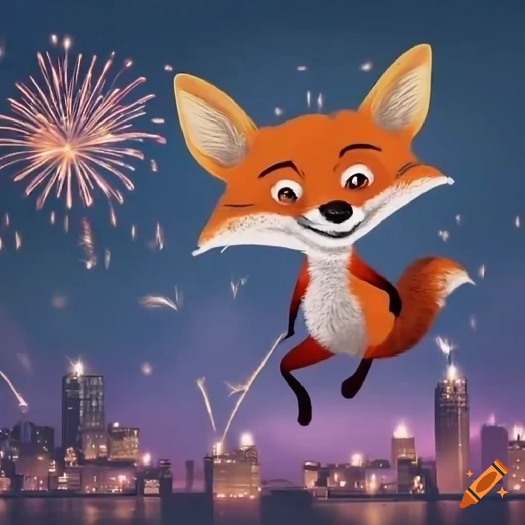 Happy fox with city and fireworks in the background for new year ...