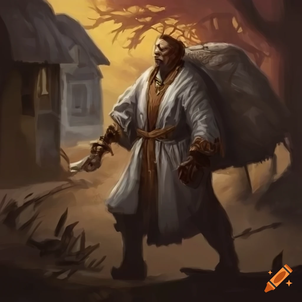 Settler carrying a sack in a village in MTG art style with a grey robe ...