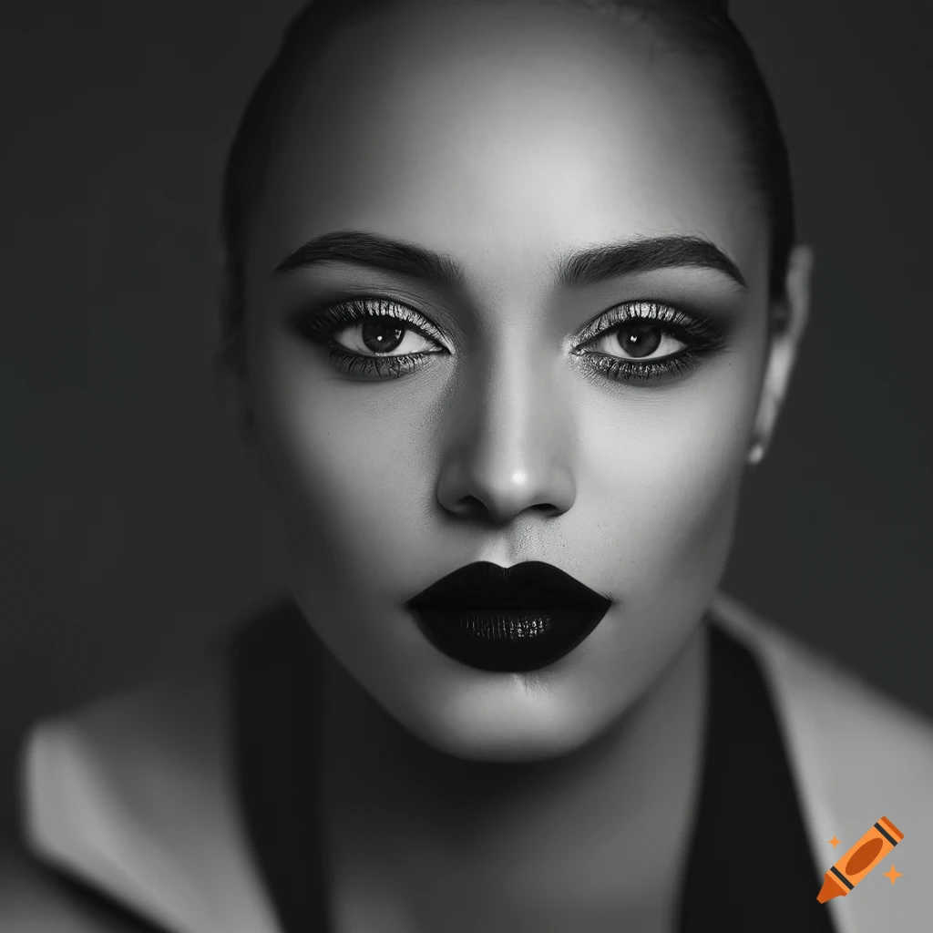 Chic woman with striking pose and complex facial features in black and ...