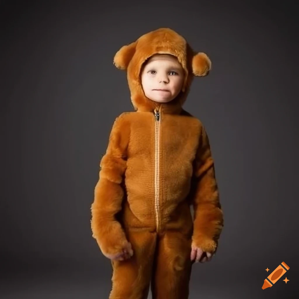 Child in caramel brown monkey plush costume with zipper and white oval ...