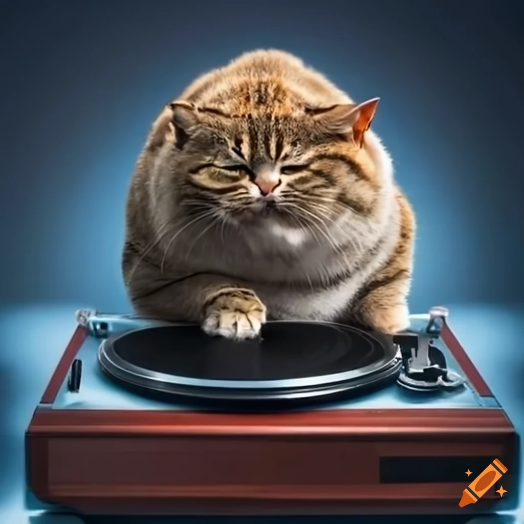 Chubby cat sitting on a record player on Craiyon