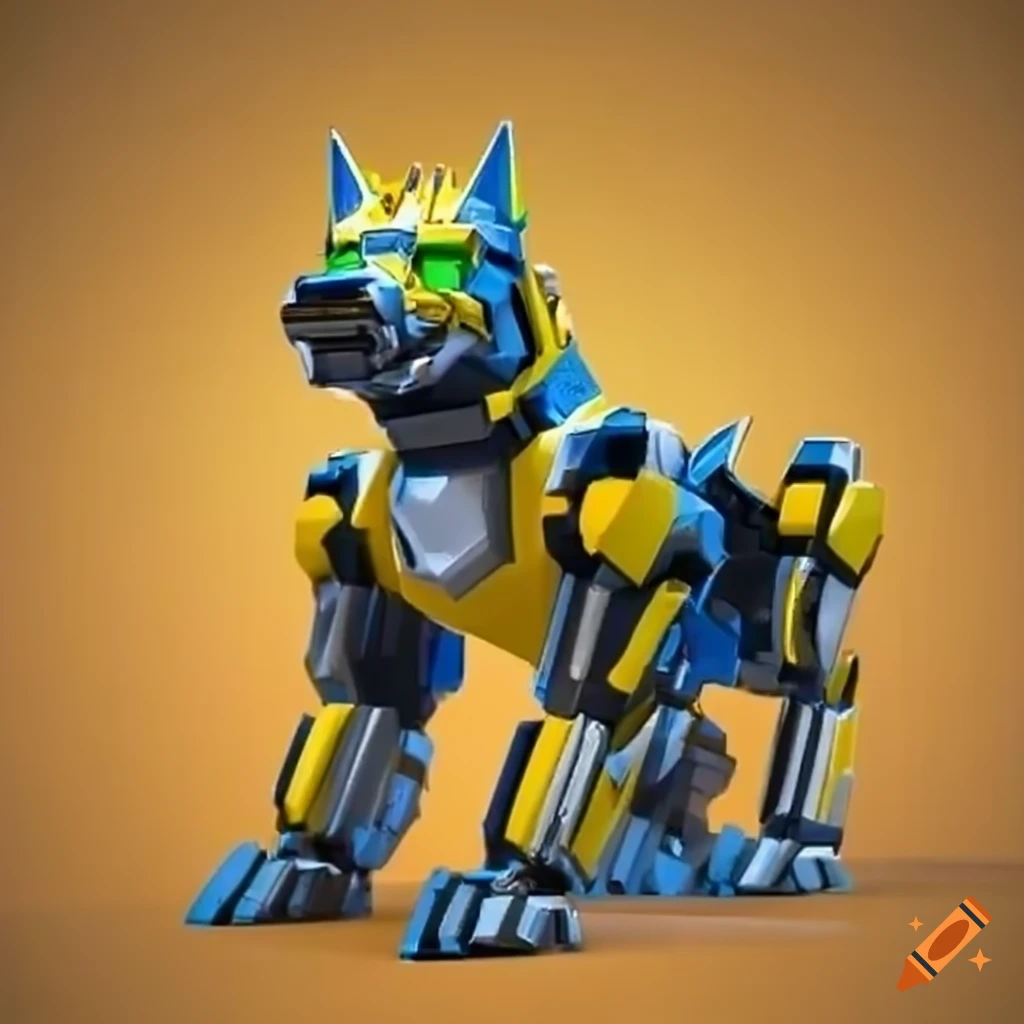 Front view of a yellow amarok wolf zord robot on Craiyon