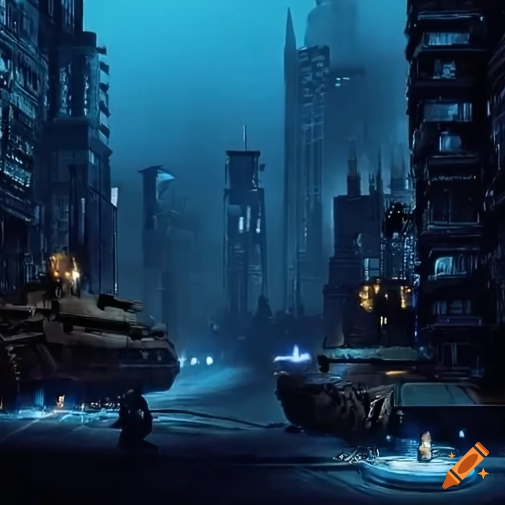 Blade runner cityscape with a futuristic tank and people on the street ...
