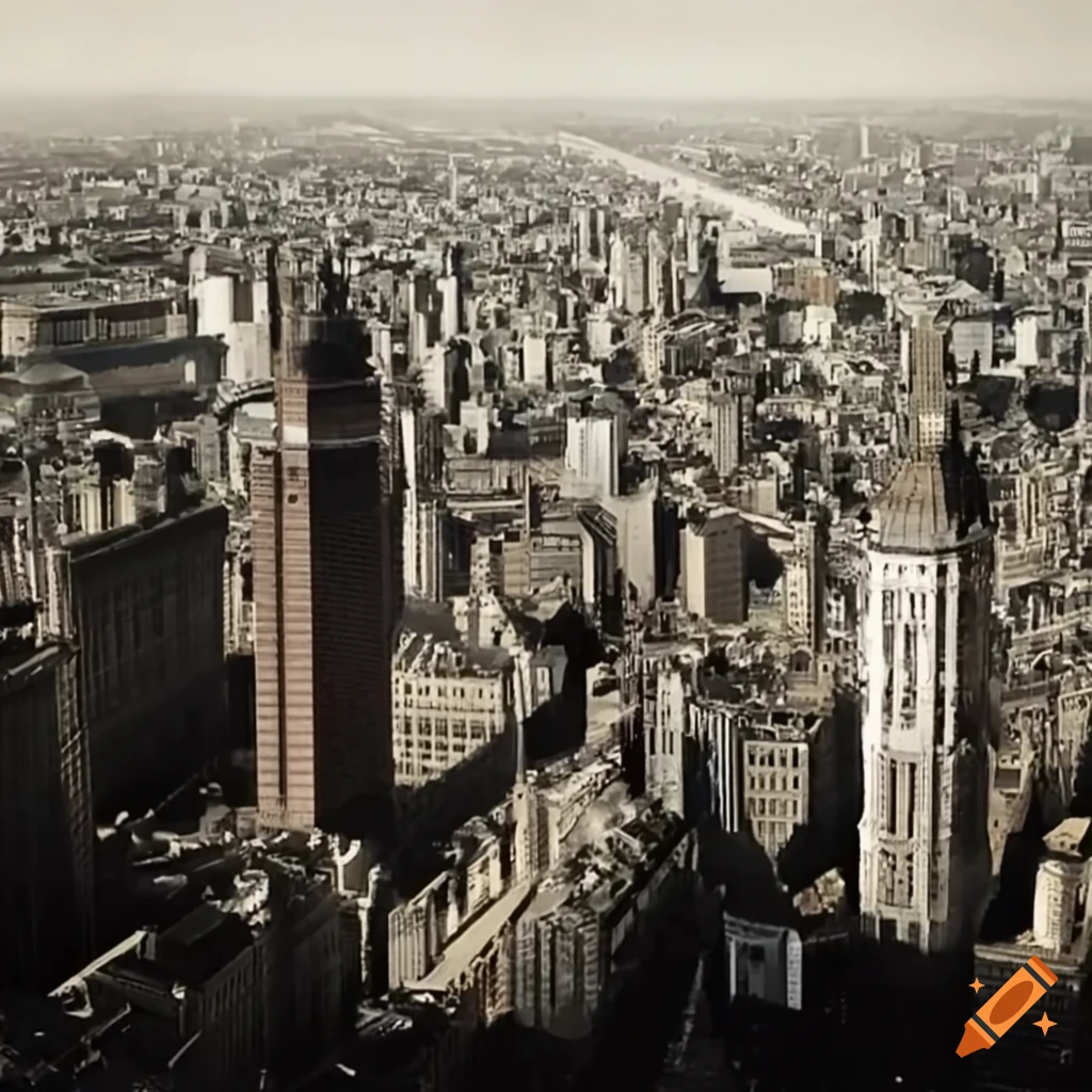 Realistic city skyline with modern architecture and bustling streets on ...