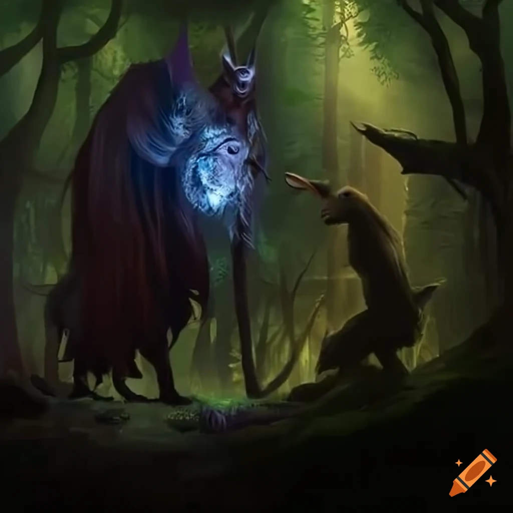 Goat and wizard engaged in magic duel in a mystical forest on Craiyon