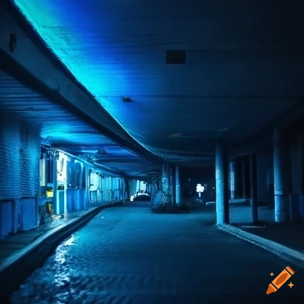 Flooded blue underground tunnel in a parking lot corner on Craiyon