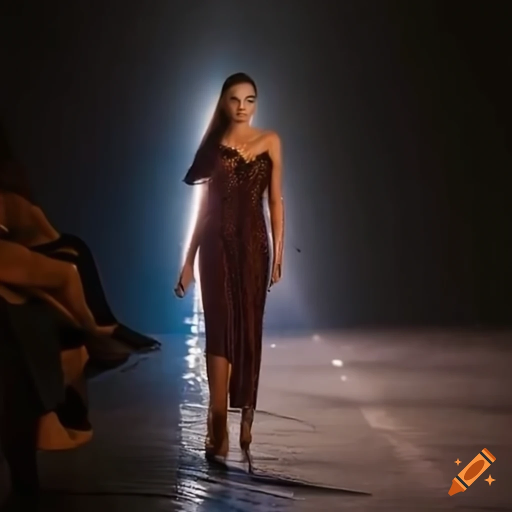 Fashion model walking on a runway in sparkly high heels on Craiyon