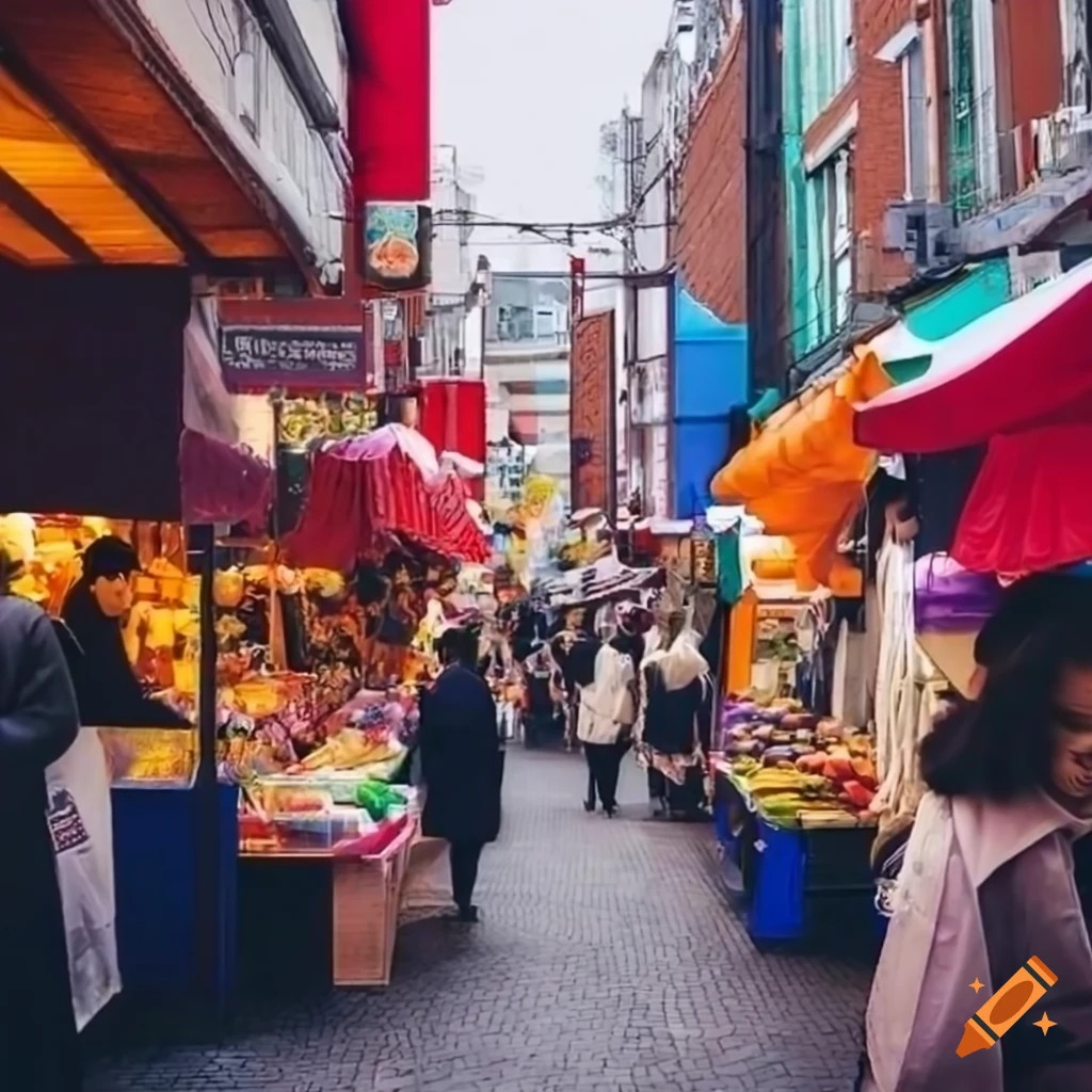 Colorful street market blending seoul and dublin cultures on Craiyon