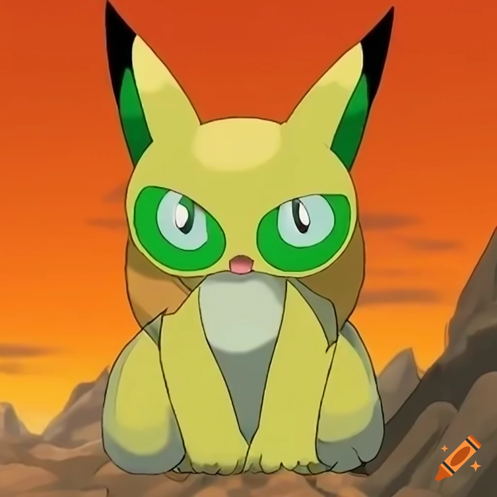 Lynx-like green and orange pokemon in a rocky mountain environment on ...