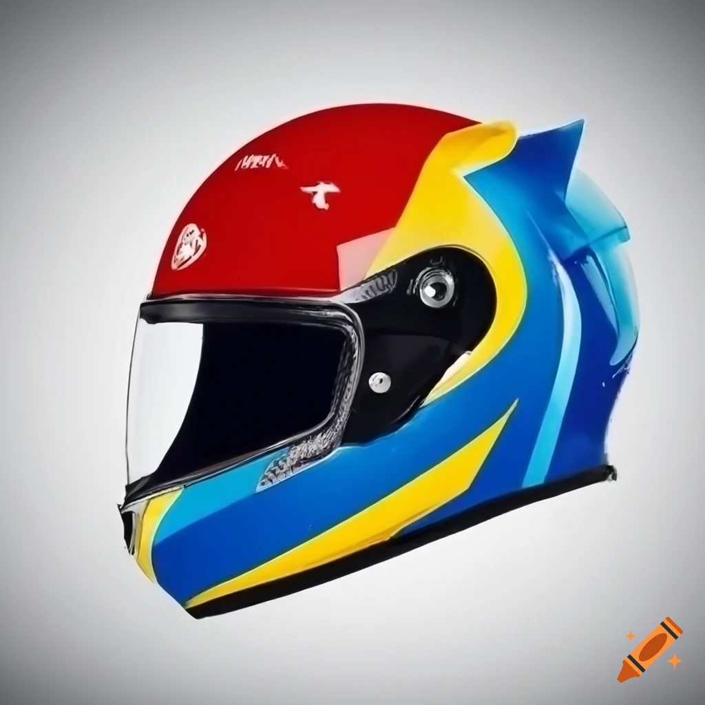 Racing helmet with red, yellow, and blue logo, side view on Craiyon