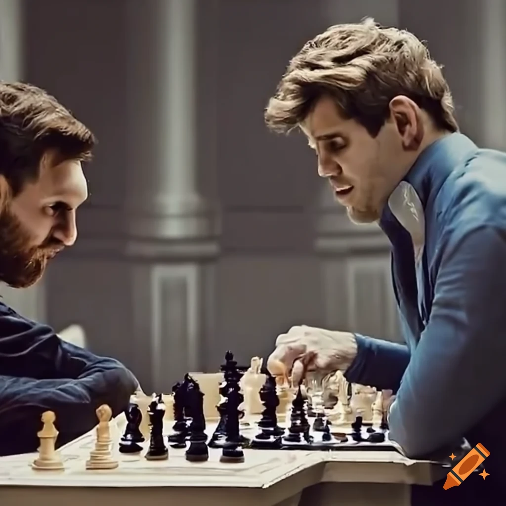 Magnus carlsen and lionel messi playing chess in a cinematic scene on ...