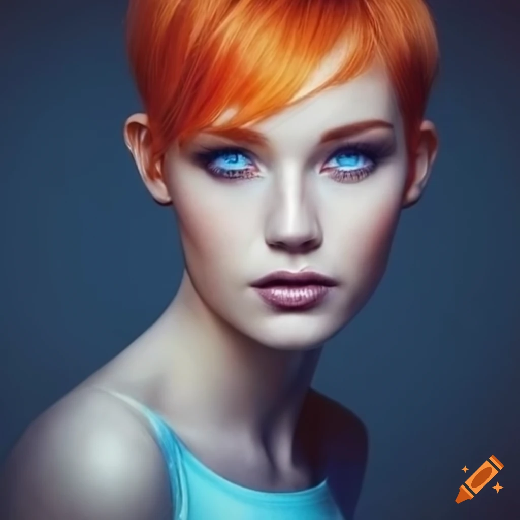 Beautiful 25-year-old woman with blue skin, orange pixie cut hair, and red eyes on Craiyon