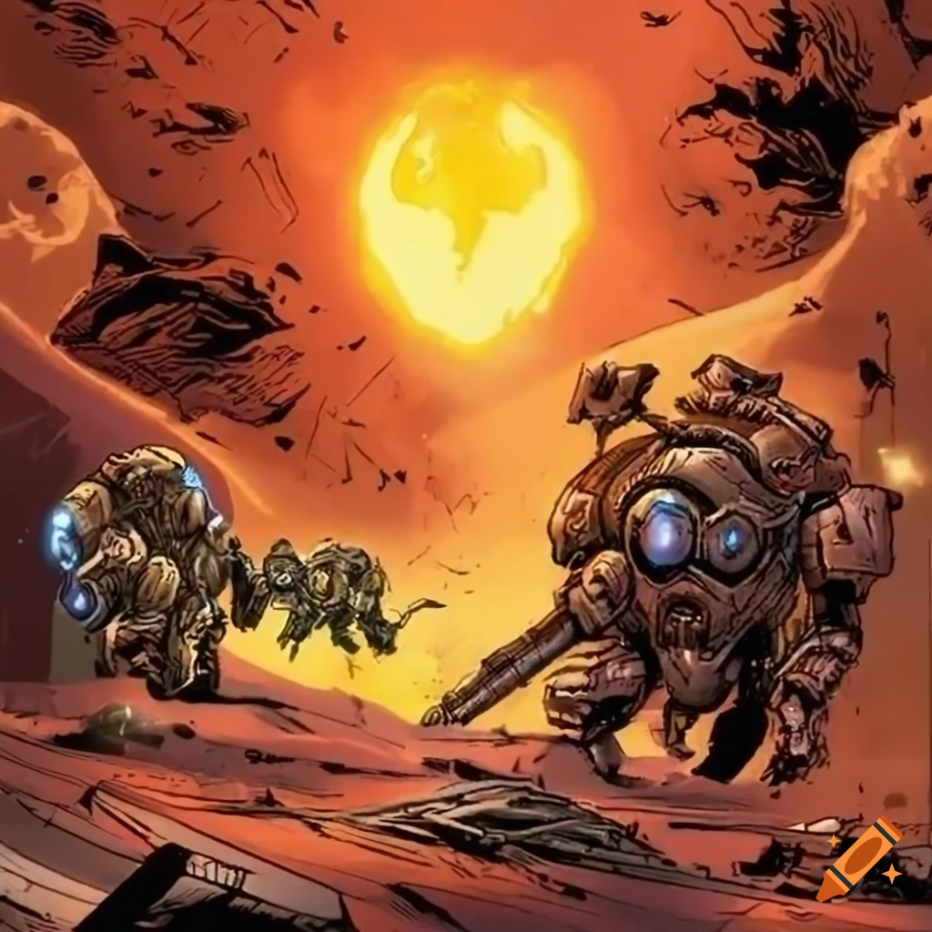 Battle between Terran soldiers and Zerg aliens on the desert planet of ...