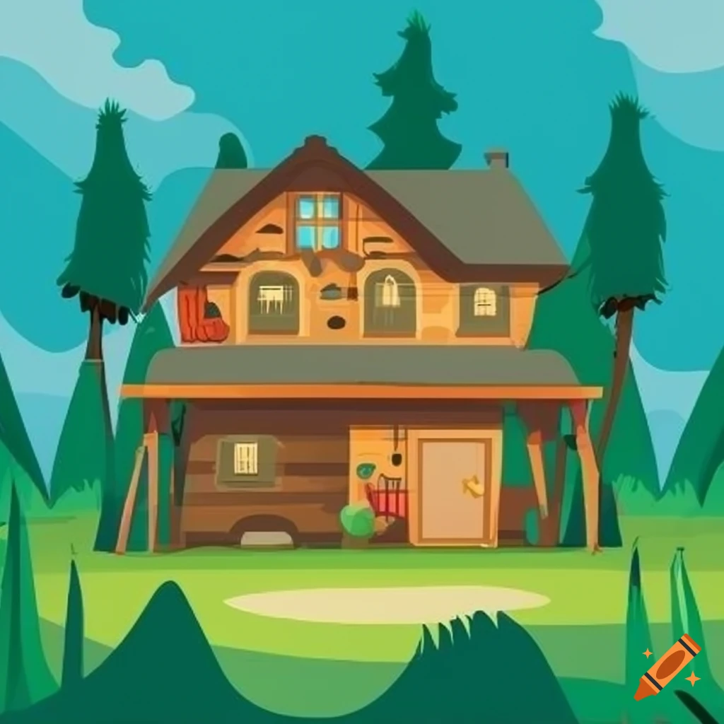 Cartoon style cottage with garage in the swamp on Craiyon