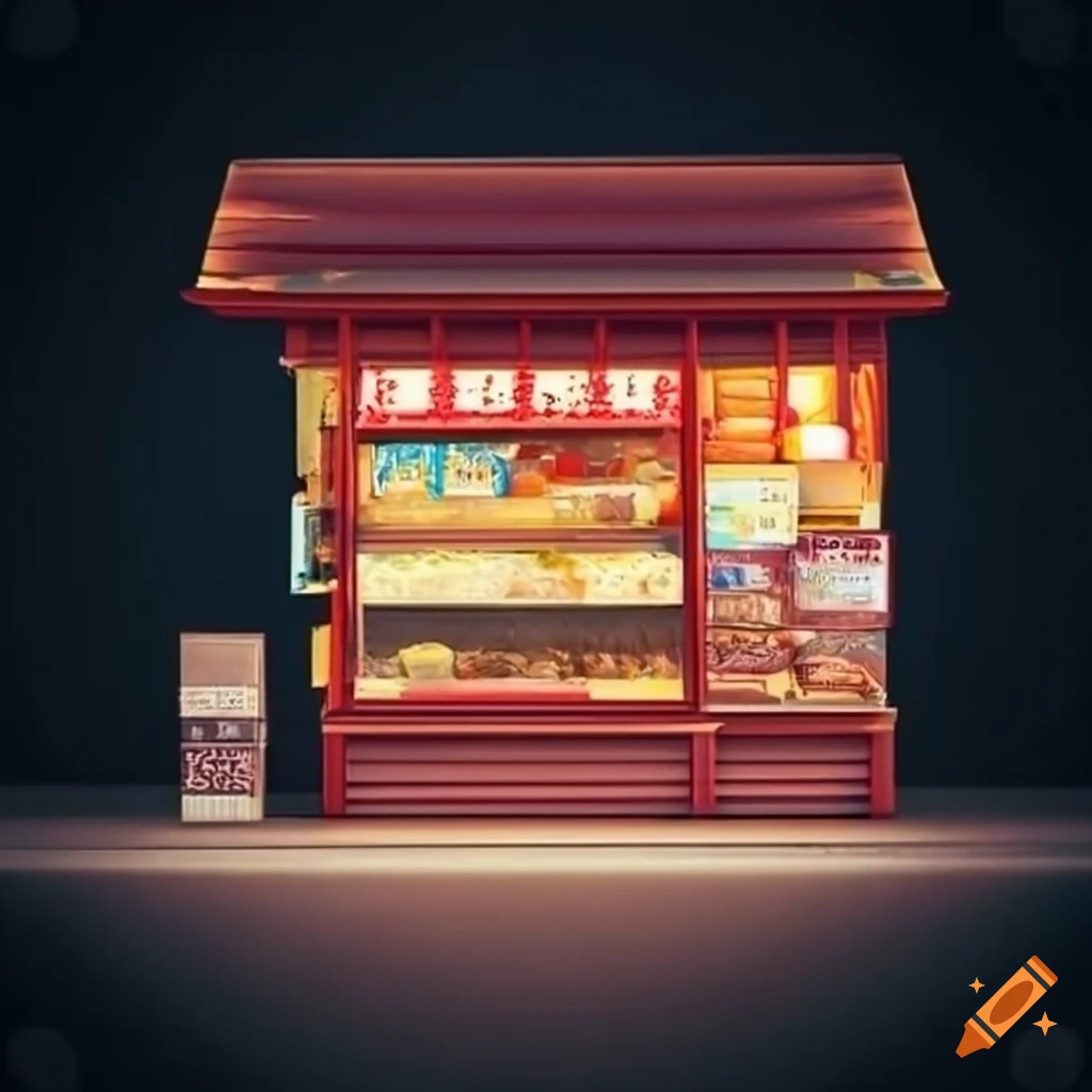 Front view of a small snack shop in japan on Craiyon