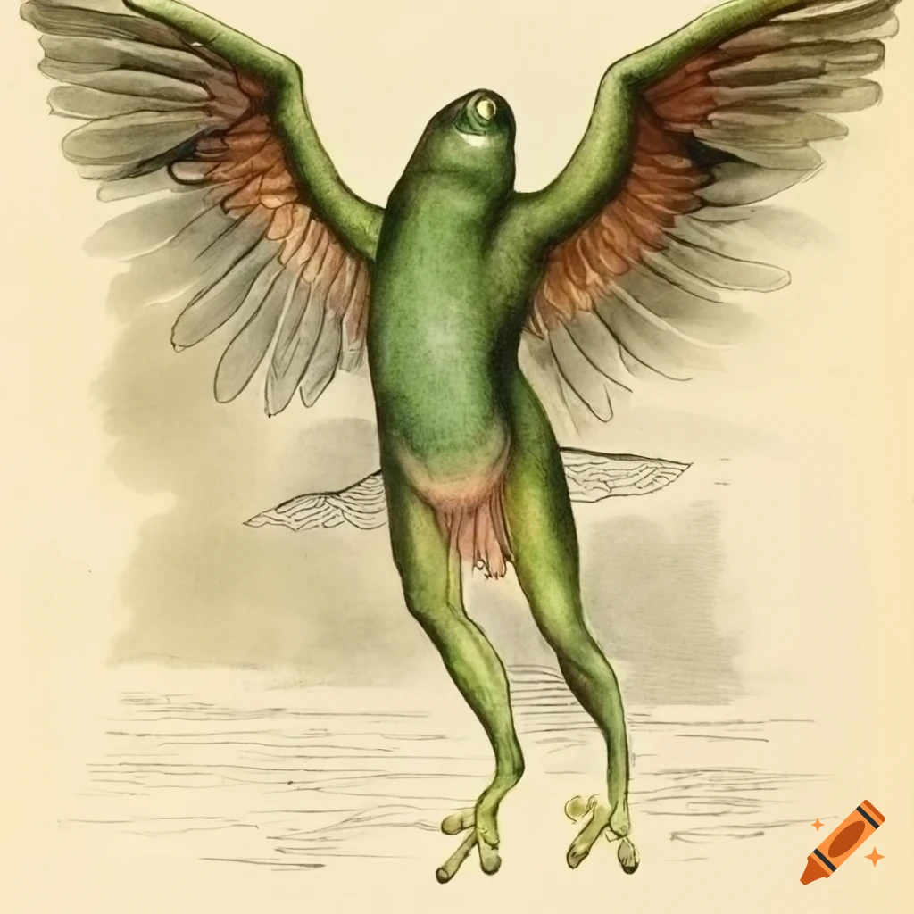 Illustration of a winged frog by j. allen st. john on Craiyon