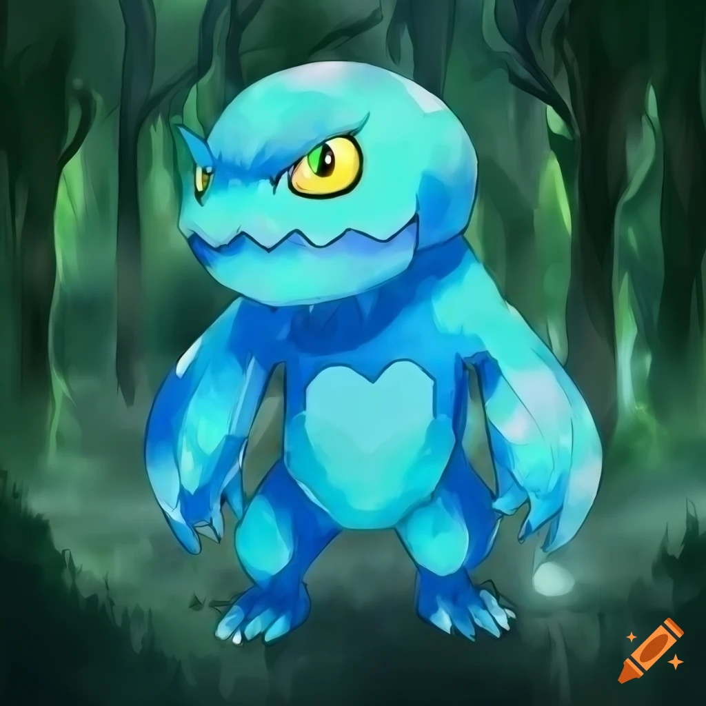 Light blue crystal monster with green eyes in a forest setting on Craiyon