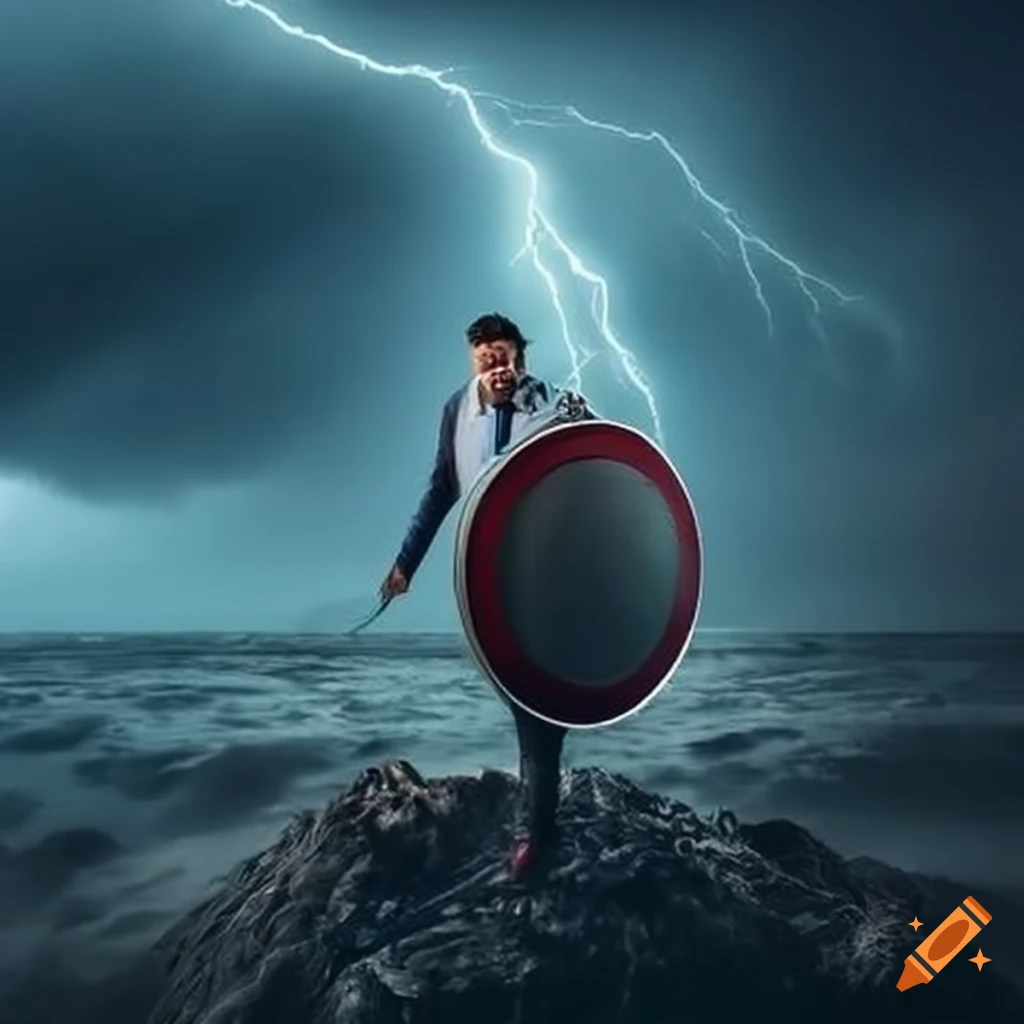 Corporate leader with shield protecting people from the storm on Craiyon