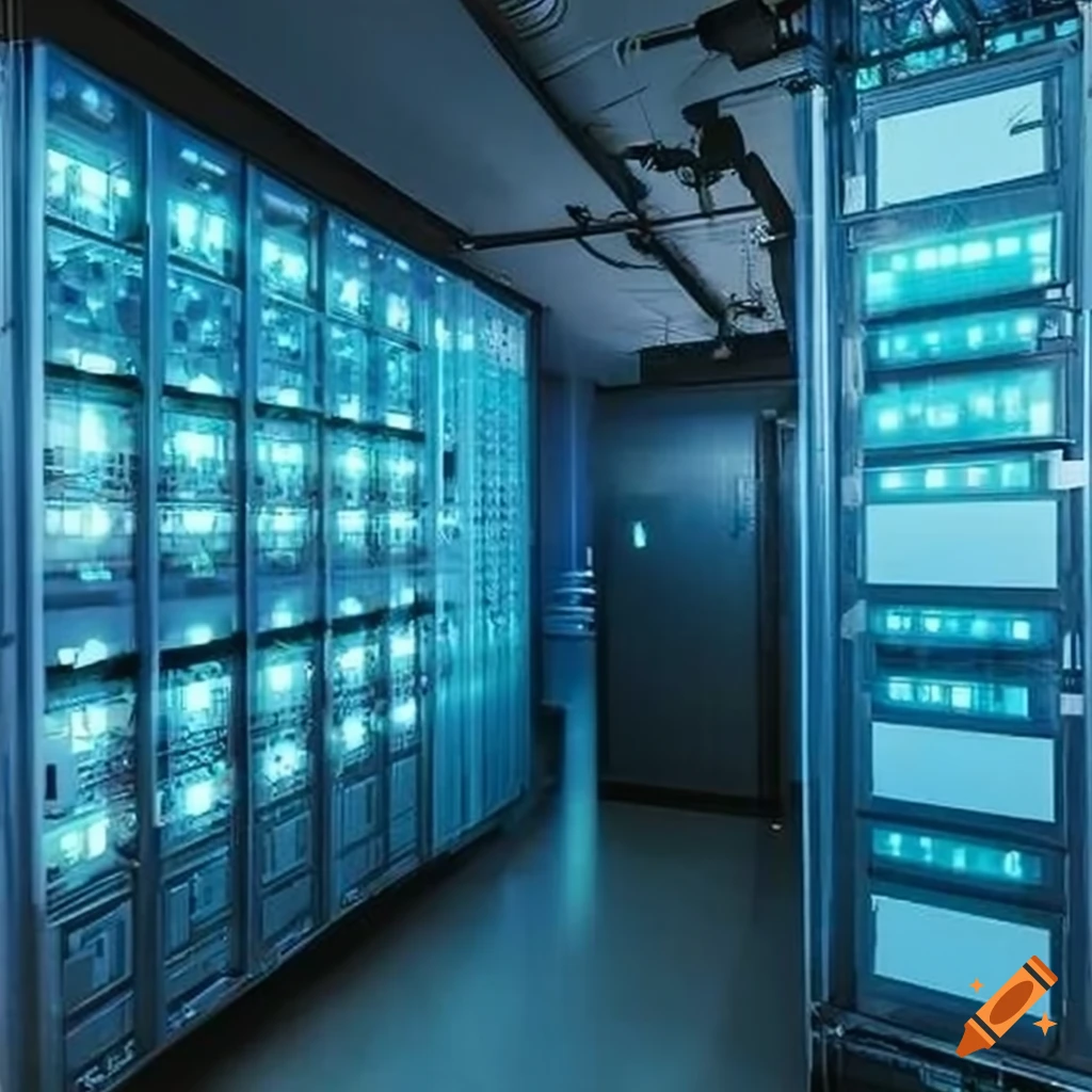High-powered servers in a tech-savvy room with flickering lights on Craiyon