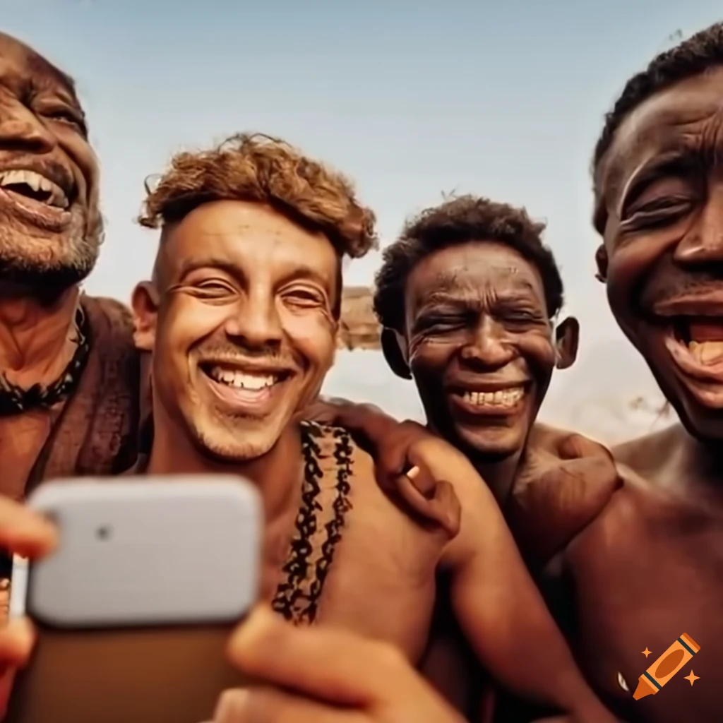 Group of primitive men smiling, one holding a smartphone on Craiyon