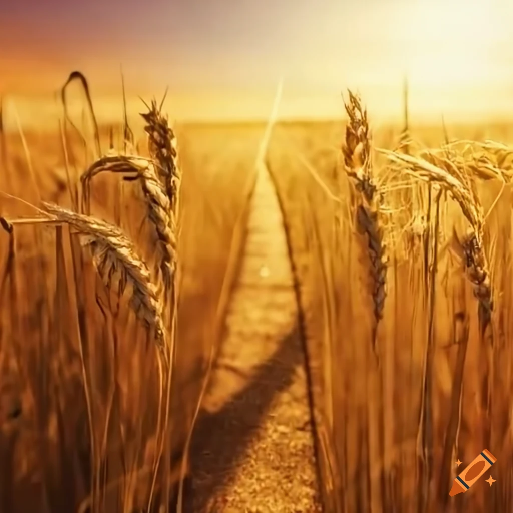 Path between ears of grain with the rising sun in the background on Craiyon
