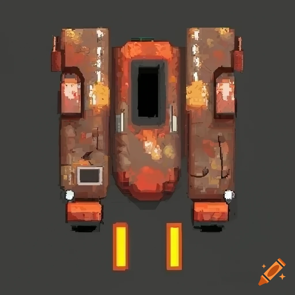 Top-down view of a detailed rusty spaceship game sprite on Craiyon
