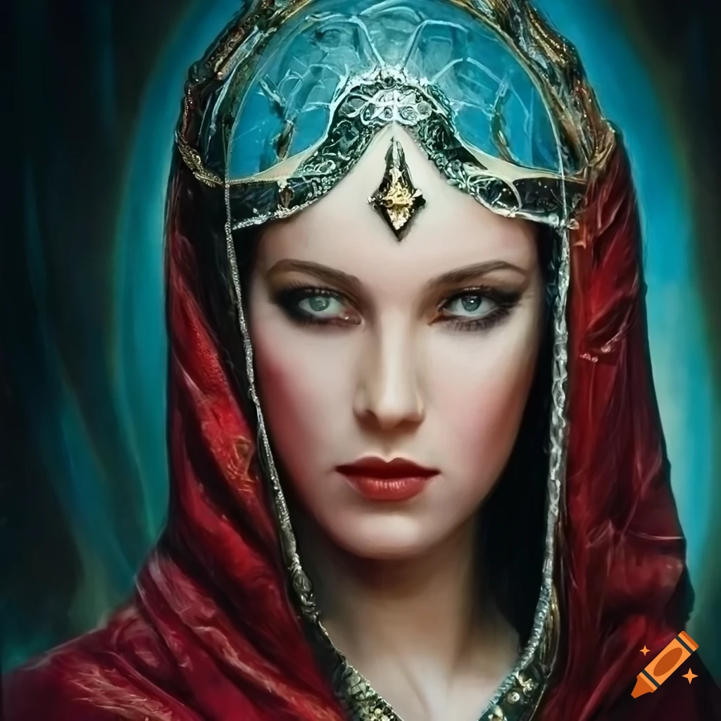 Portrait of an exotic high fashion young female in the style of Virgin ...