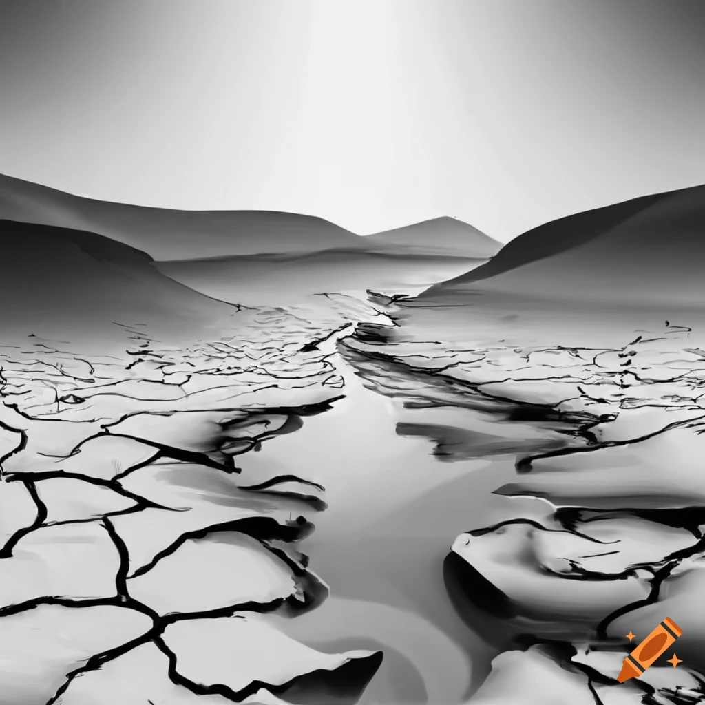 Desert stream drying up in black and white line art on Craiyon