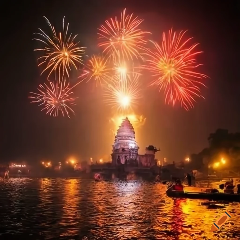 New Year's fireworks over an ancient temple at the ghats of Varanasi on ...