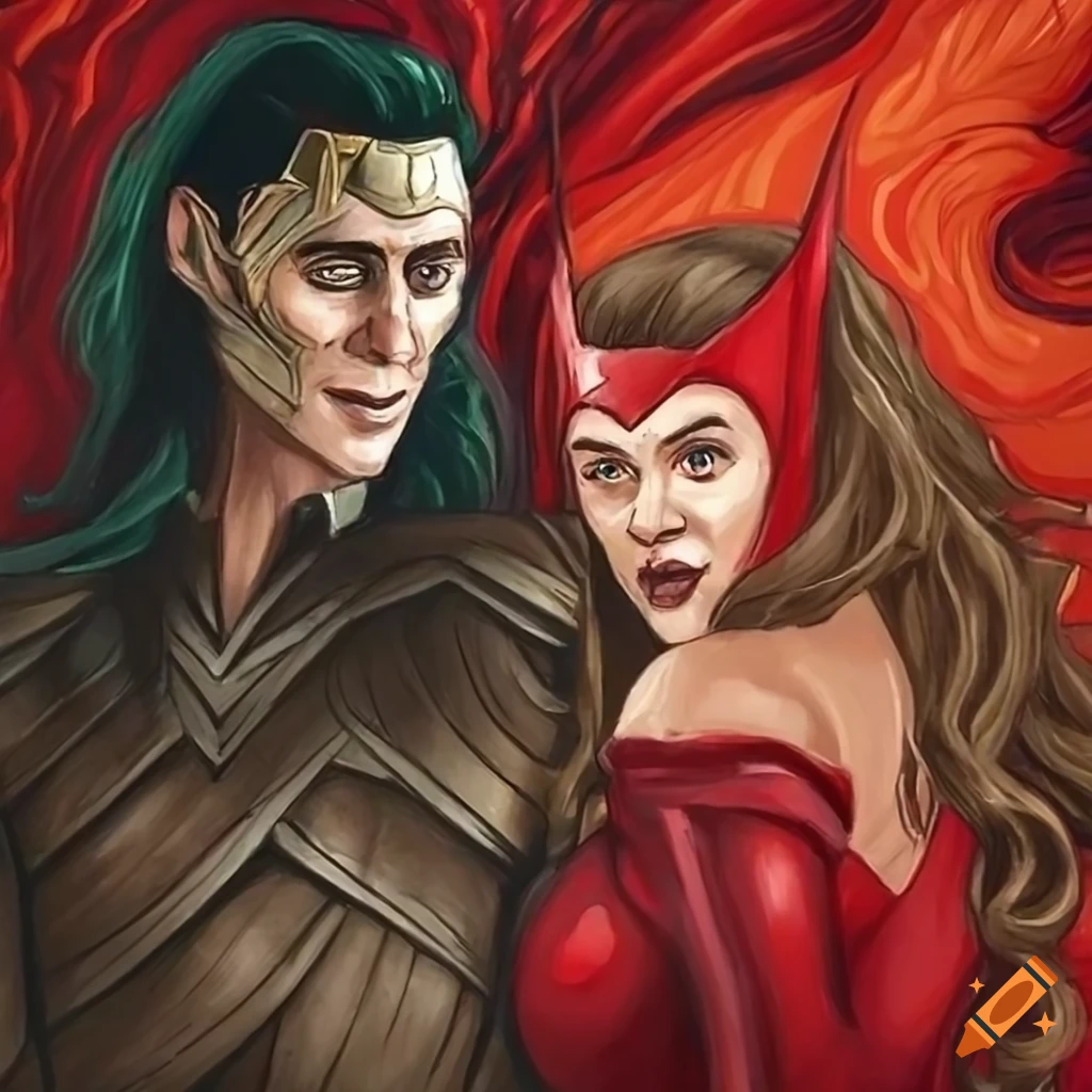 Loki and Scarlet Witch engaged in a thrilling battle in a sketch art on Craiyon