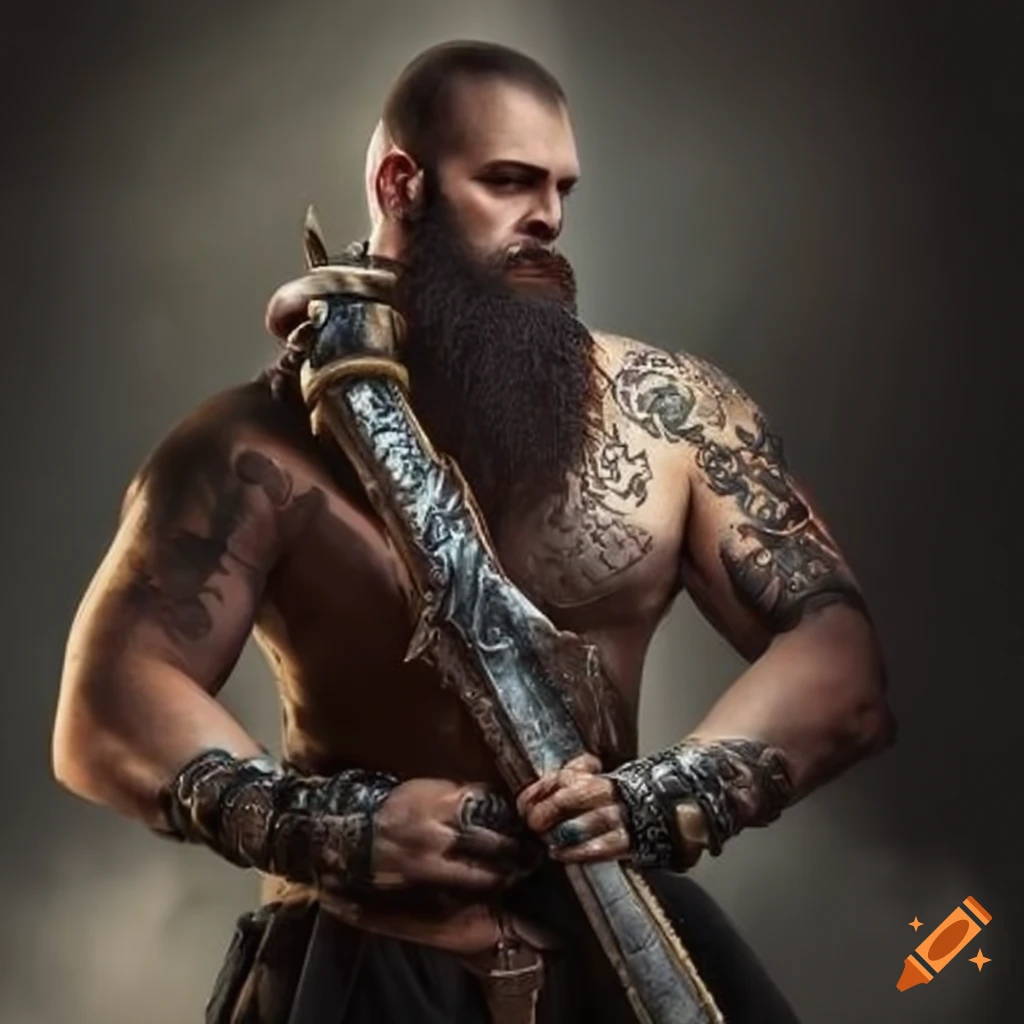 Bearded warrior holding a giant black weapon on Craiyon