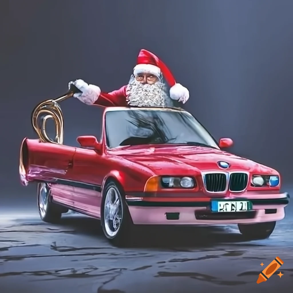 Santa playing tuba while driving a 1997 bmw 323i on Craiyon