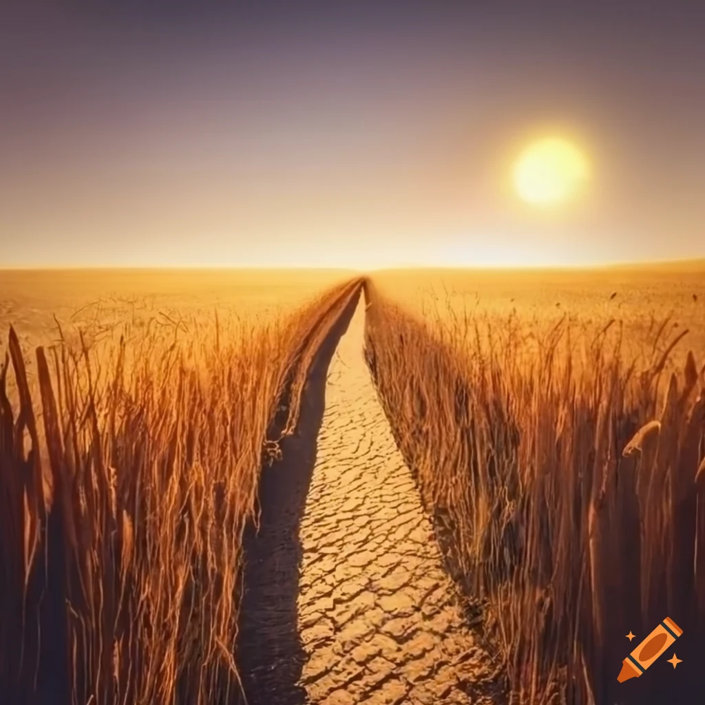 Path through grain fields leading to a tree under the rising sun on Craiyon