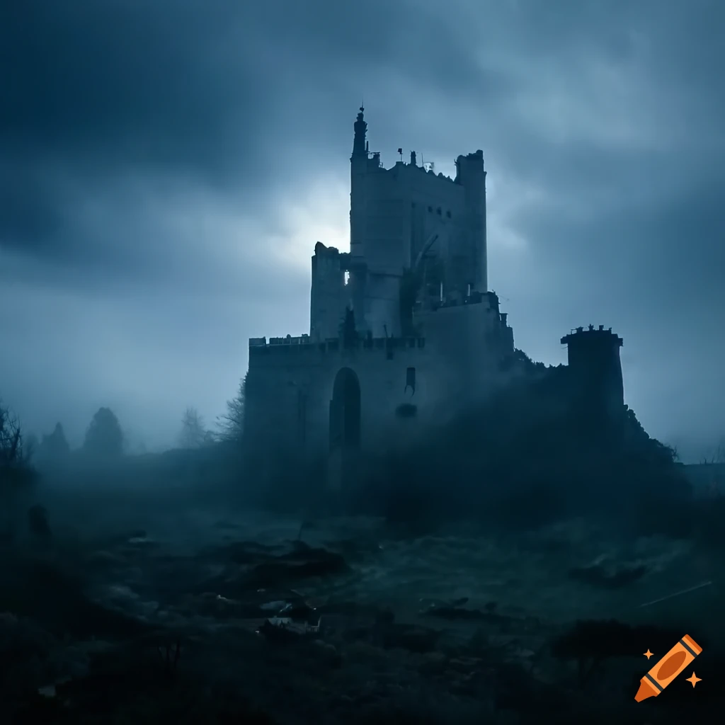 Ruined post apocalyptic castle in a foggy, moonlit horror scene on Craiyon
