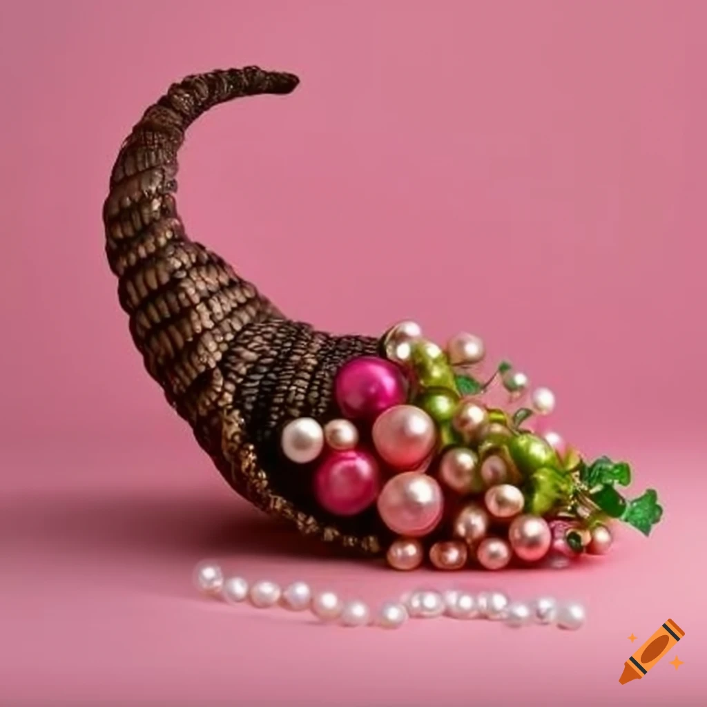 Pink cornucopia overflowing with pearls and ivy on pink background on ...
