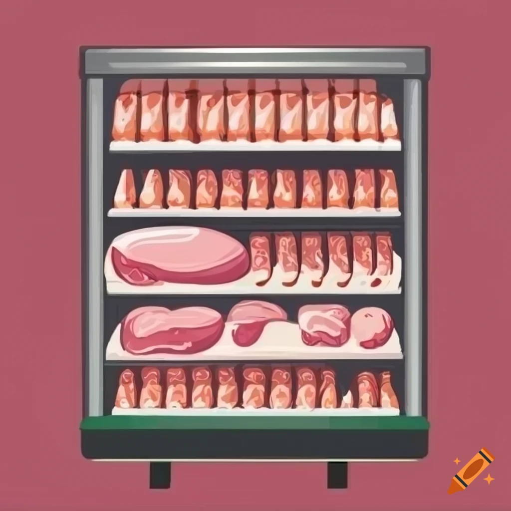 Vector cartoon style grocery meat shelf on Craiyon