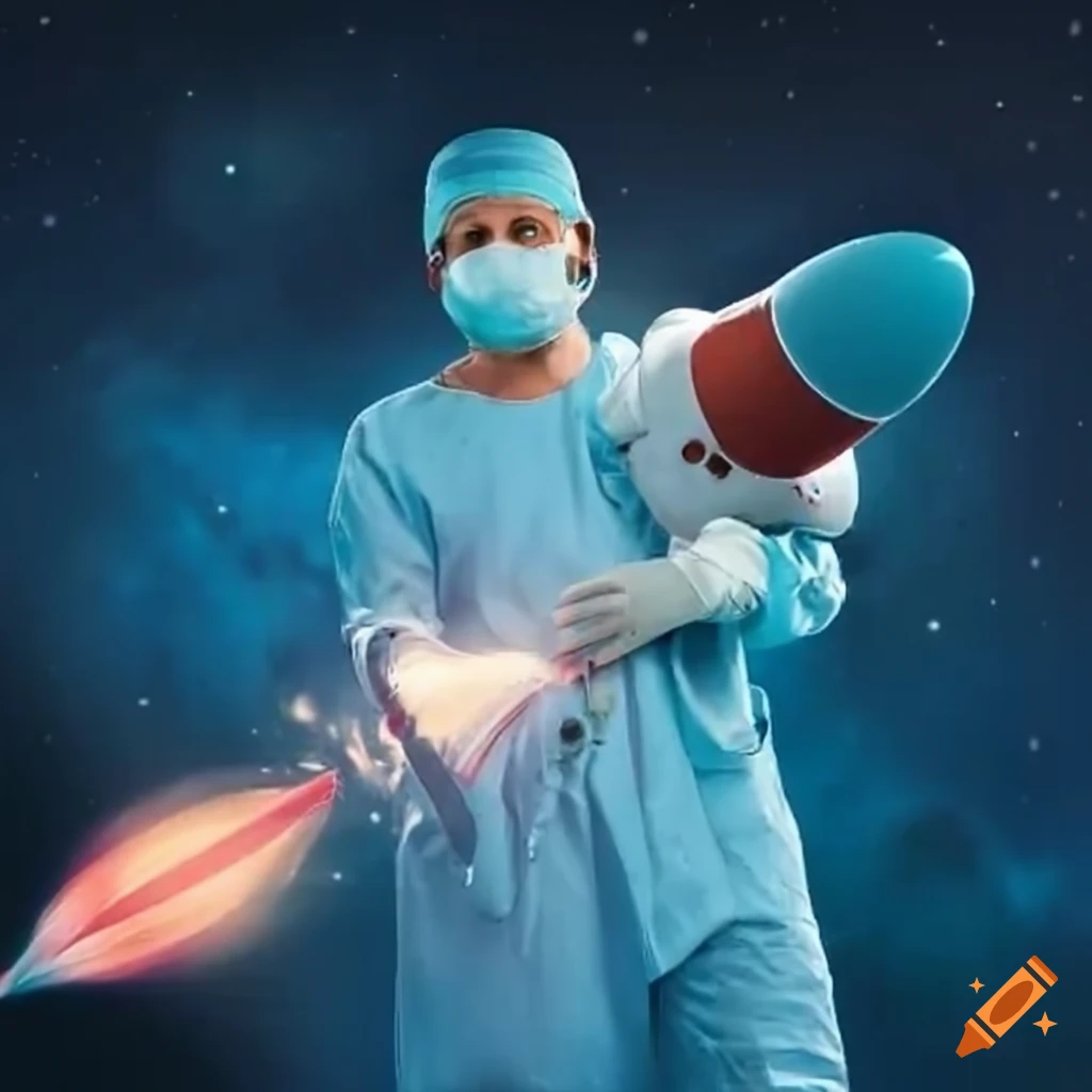 Surgeon riding a rocket into space on Craiyon