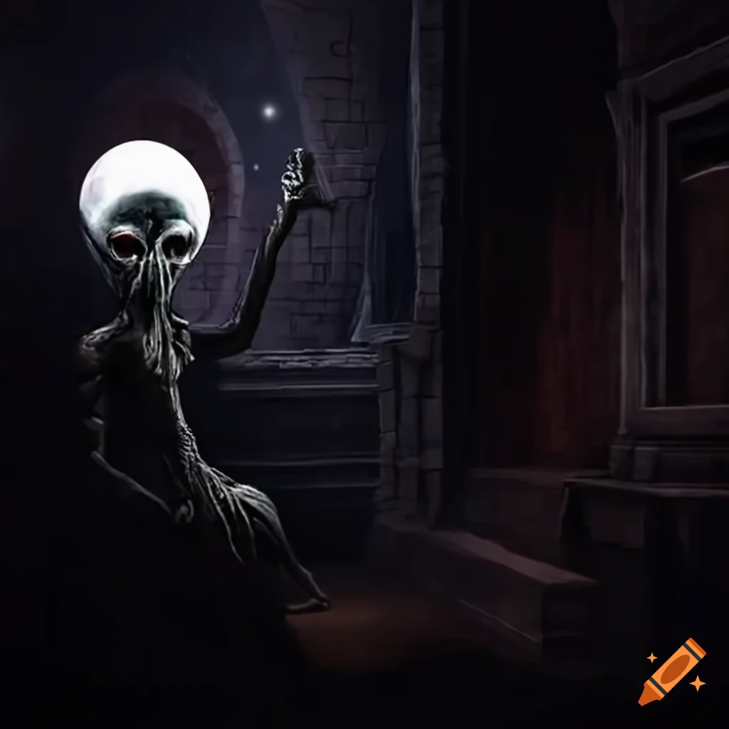 Alien ghosts in a detailed dungeon hall with alien planet moon outside ...