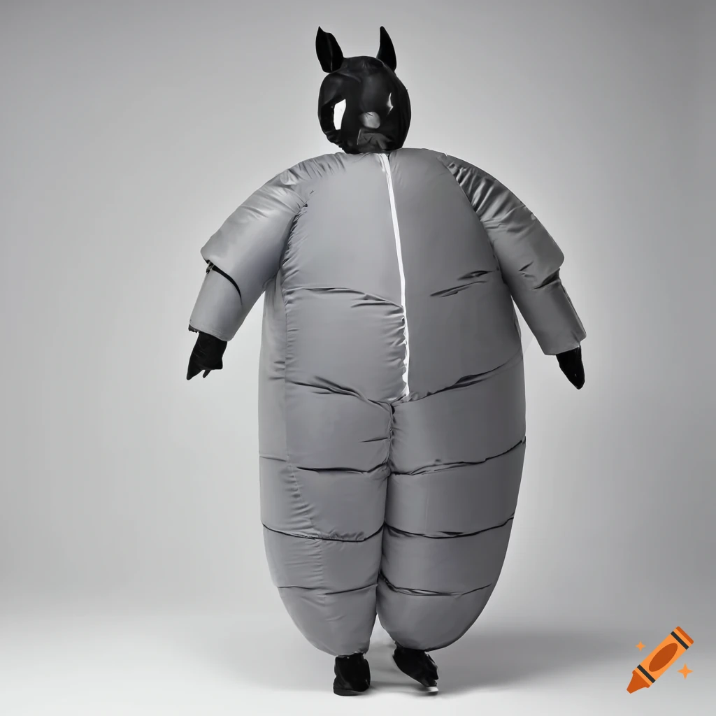 Young male wearing a gray full body costume with oval white eyes and ...