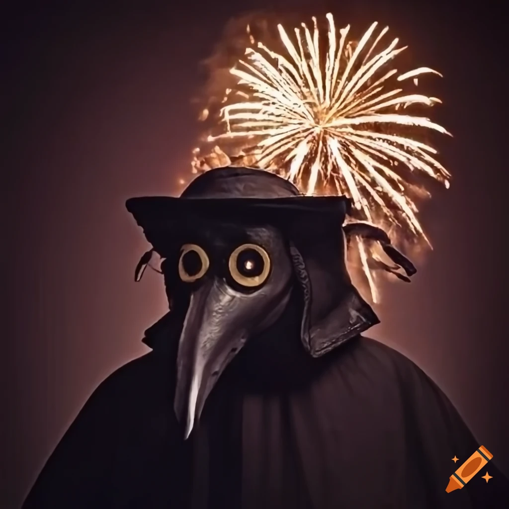 Plague doctor enjoying fireworks on a clear night on Craiyon