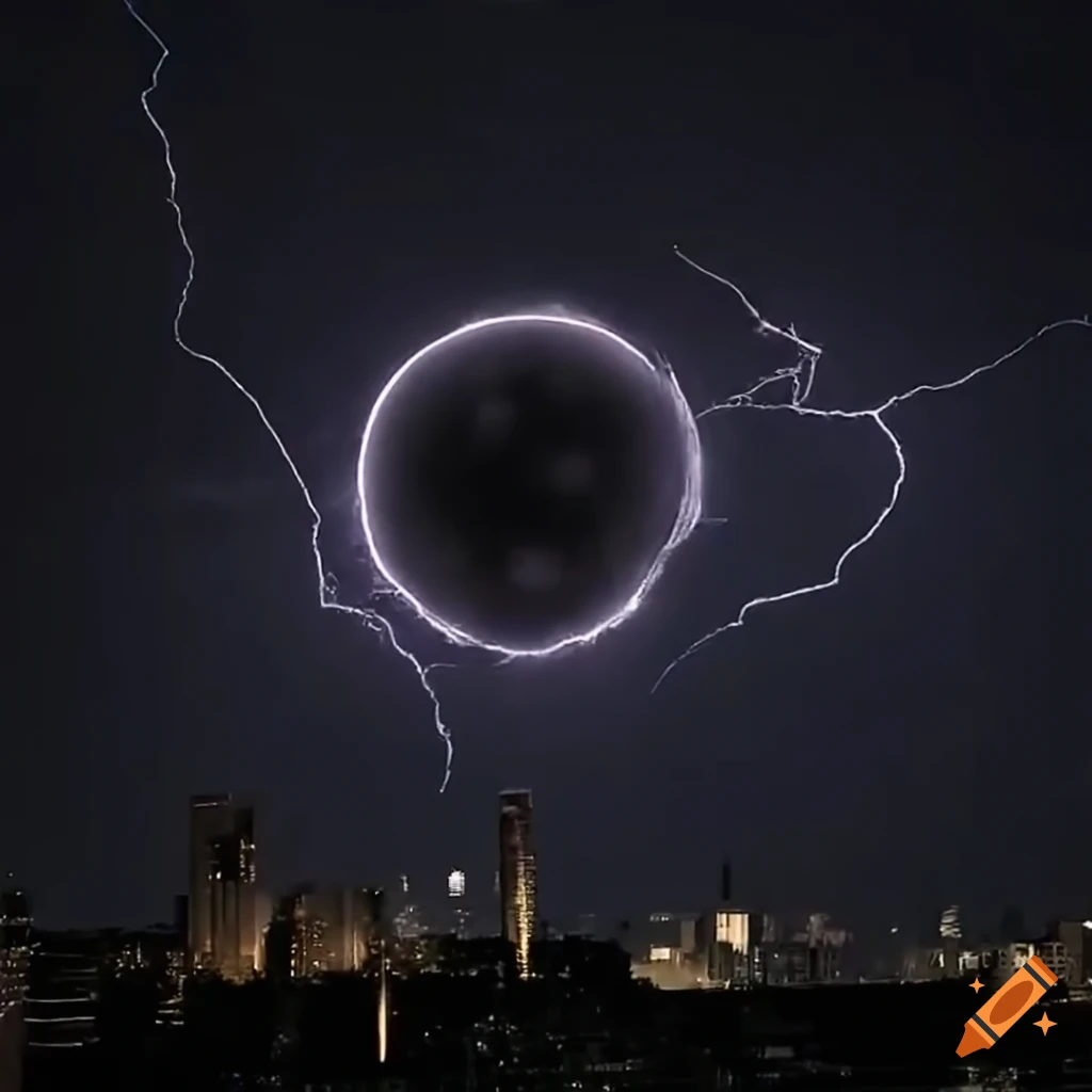 Giant black ball floating over a ruined city with black lightning on ...