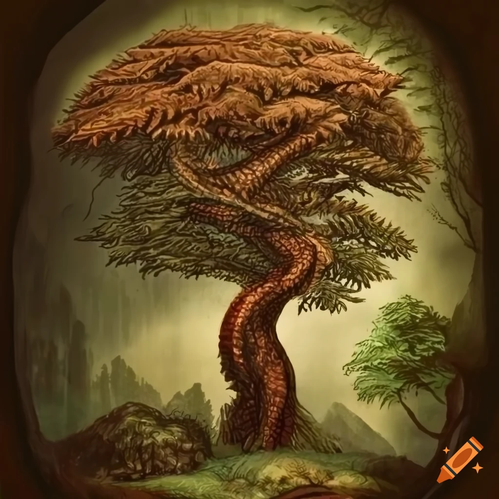 Vintage botanical art of dnd dragon cedar tree on Craiyon