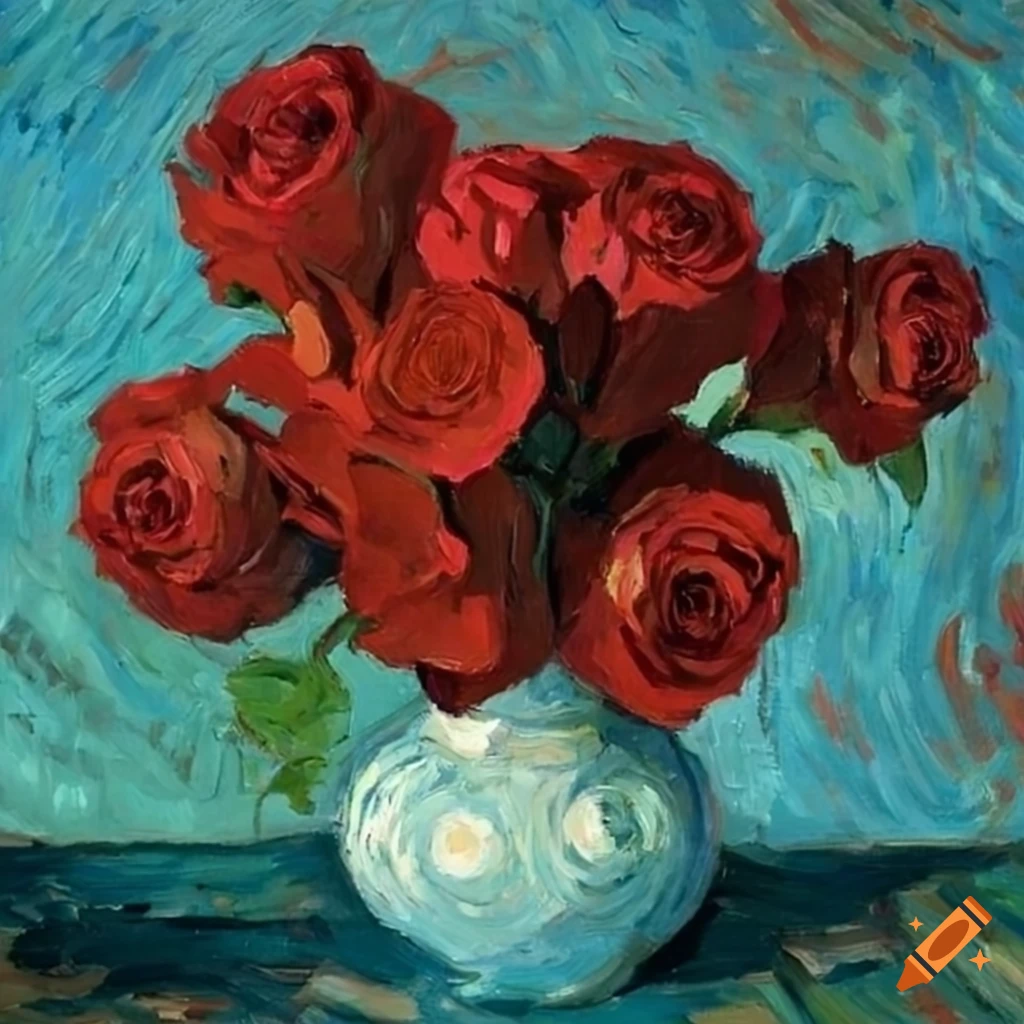 Red roses in a vase on a table painted in the style of Vincent van Gogh ...